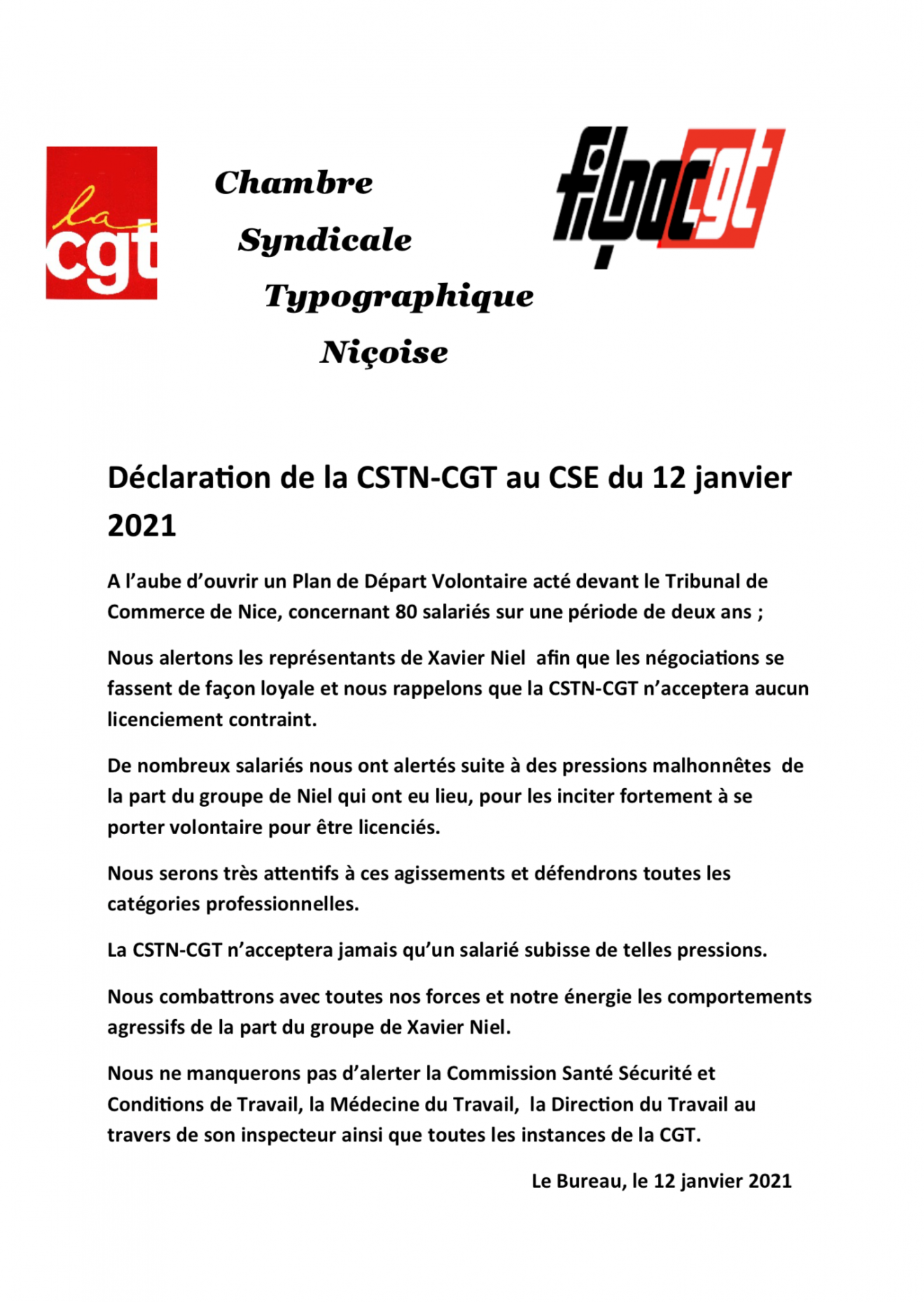 Déclaration de la CSTN-CGT au CSE du 12 janvier 2021 : Filpac